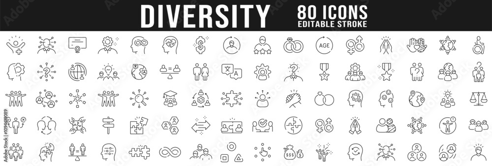 Diversity line icon pictogram big set. Variety, equality, acceptance ...