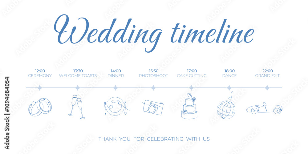 Wedding timeline template with line art icons in blue. Organization and ...