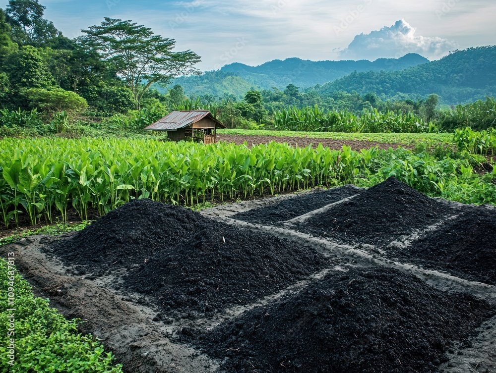 Biochar for soil carbon storage, farming scene with biochar application ...