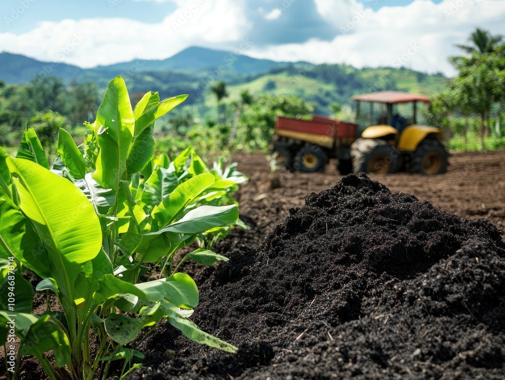 Foto de Stock Biochar for soil carbon storage, farming scene with ...