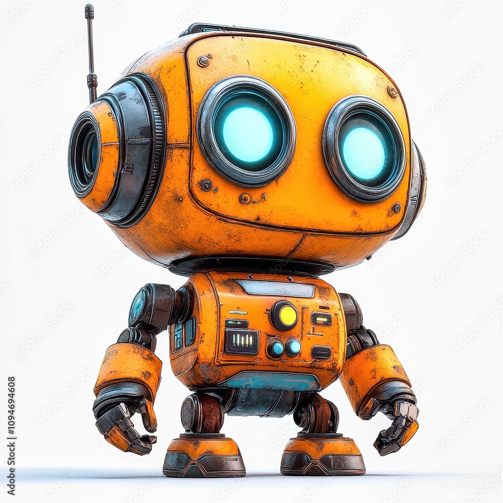 Charming vintage robot with expressive eyes standing on a clean white ...