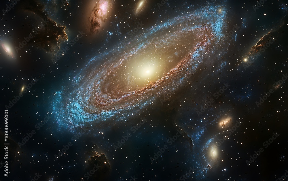 Stunning spiral galaxy with bright core, surrounded by smaller galaxies ...