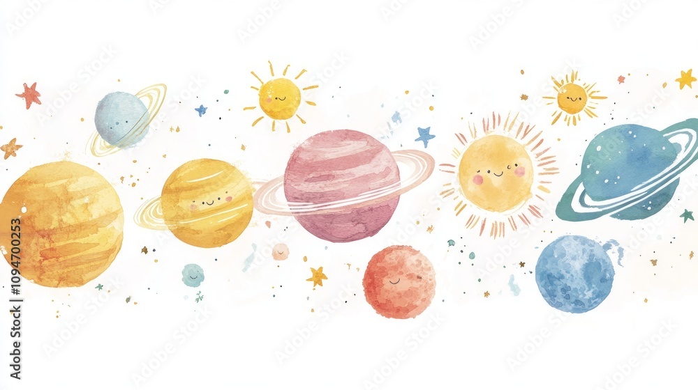 Illustration of the solar system with each planet labeled, white ...