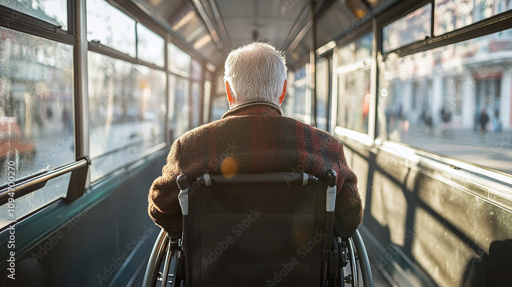 Elderly man in a wheelchair on a public bus, showing inclusivity ...