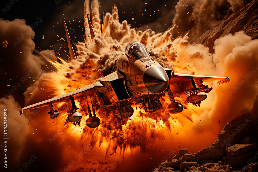 Military warplane releasing missiles and nuclear bomb with explosion ...