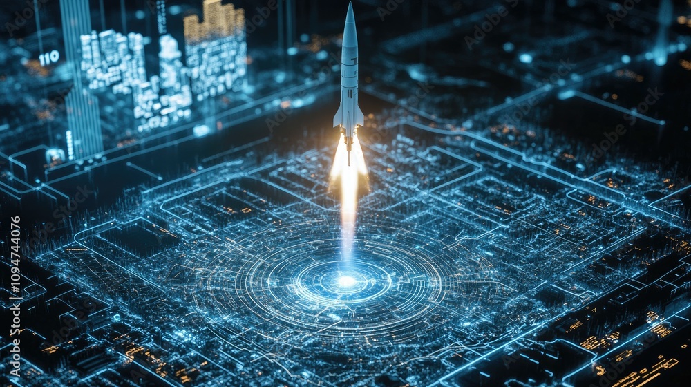 Close-up of a missile system interface projected as a hologram above a ...