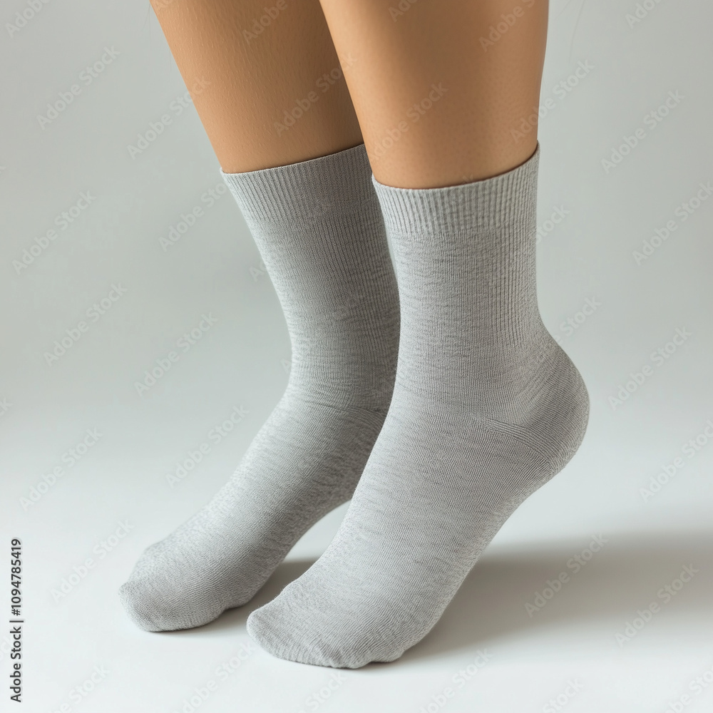 Mockup of plain gray cotton socks worn by model's feet, white ...