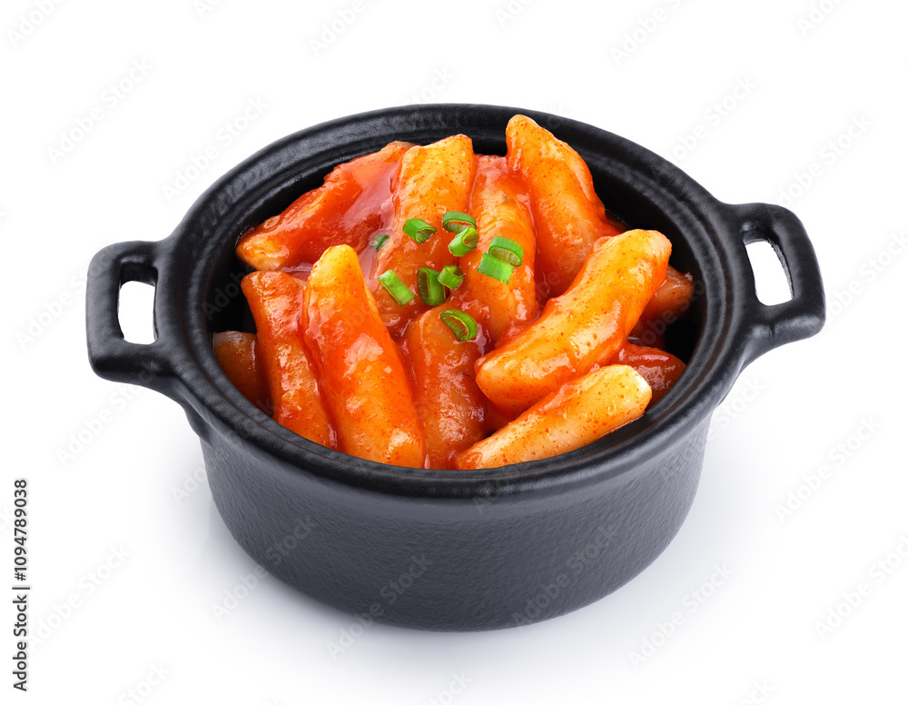 Tteokbokki rice cakes with chilli sauce and onion isolated on white ...