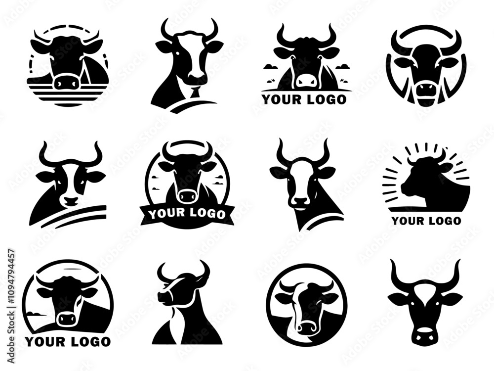 Collection of twelve stylish cow logos, perfect for branding ...