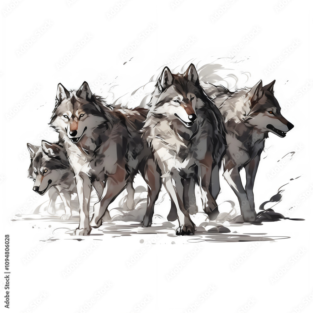 walking wolves in nature illustration isolated white background ...