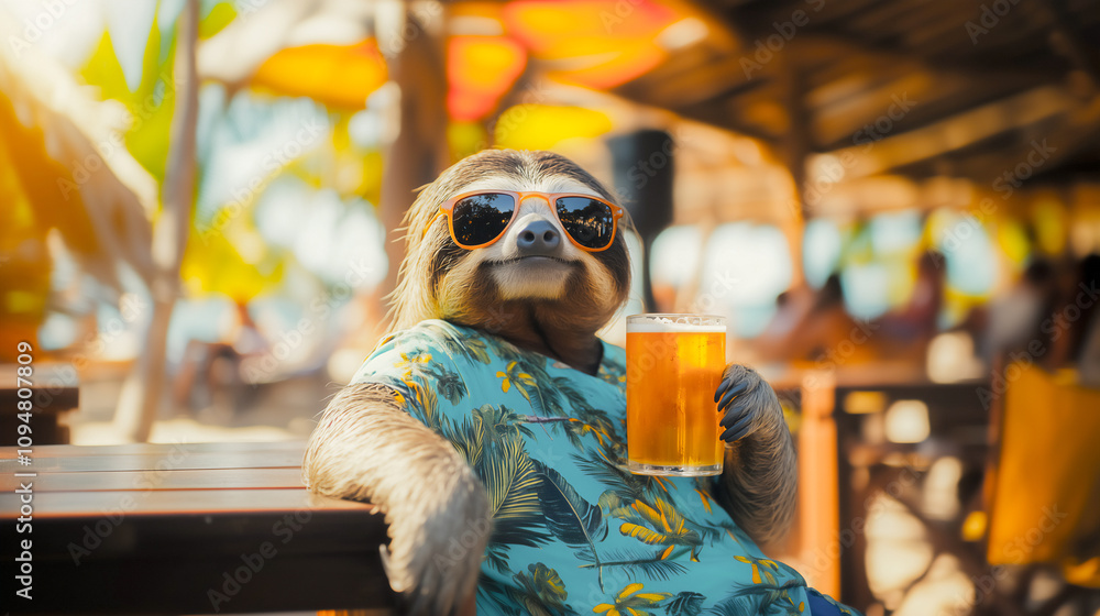 Cool happy sloth holding pint of beer at beach bar on vacation time ...