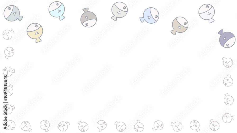 ภาพประกอบ Stock Cute Cartoon 9 Pastel Fish And 21 Fish Outline Frame On ...