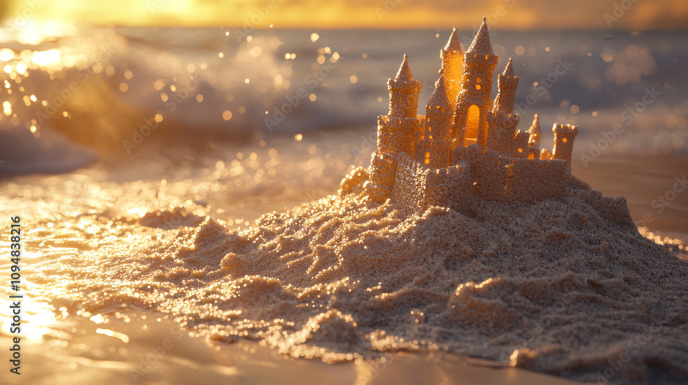 Foto de Stock Sandcastle Dreams: A majestic sandcastle stands tall on a ...