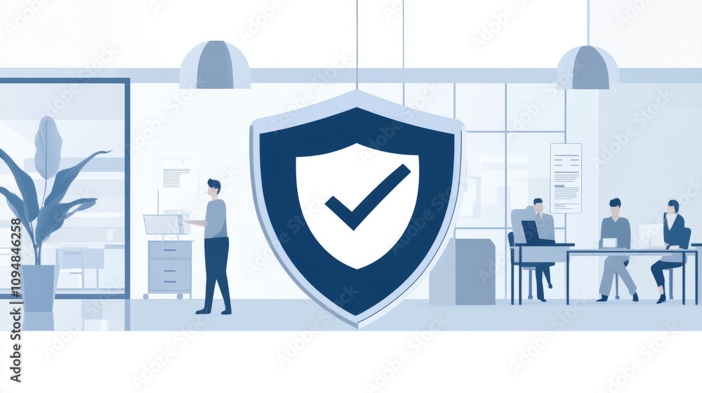 infographics of compliance shield with check mark, corporate blue and ...