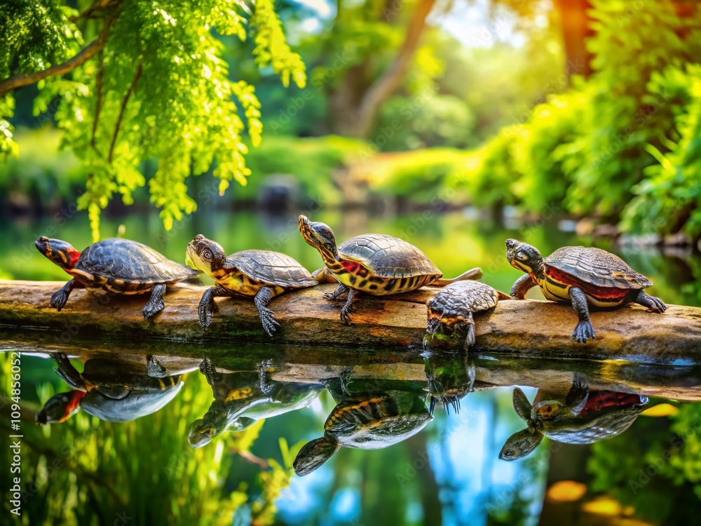 Candid Photography of Chinese Pond Turtles Sunbathing on a Tree Log in ...