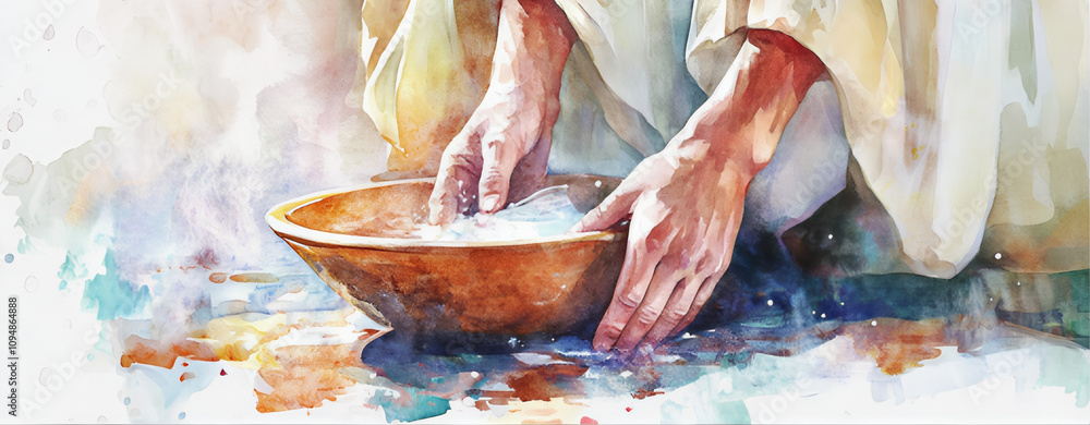 Biblical Watercolor of Jesus Washing Feet. Holy Thursday Maundy Scene ...