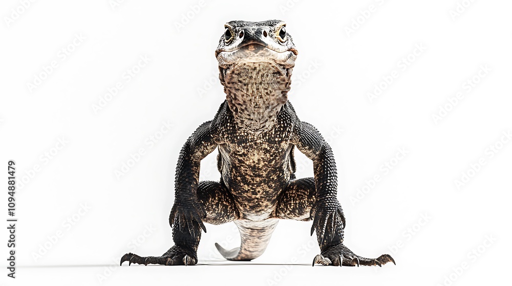 A monitor lizard standing tall with its legs spread wide, creating a ...