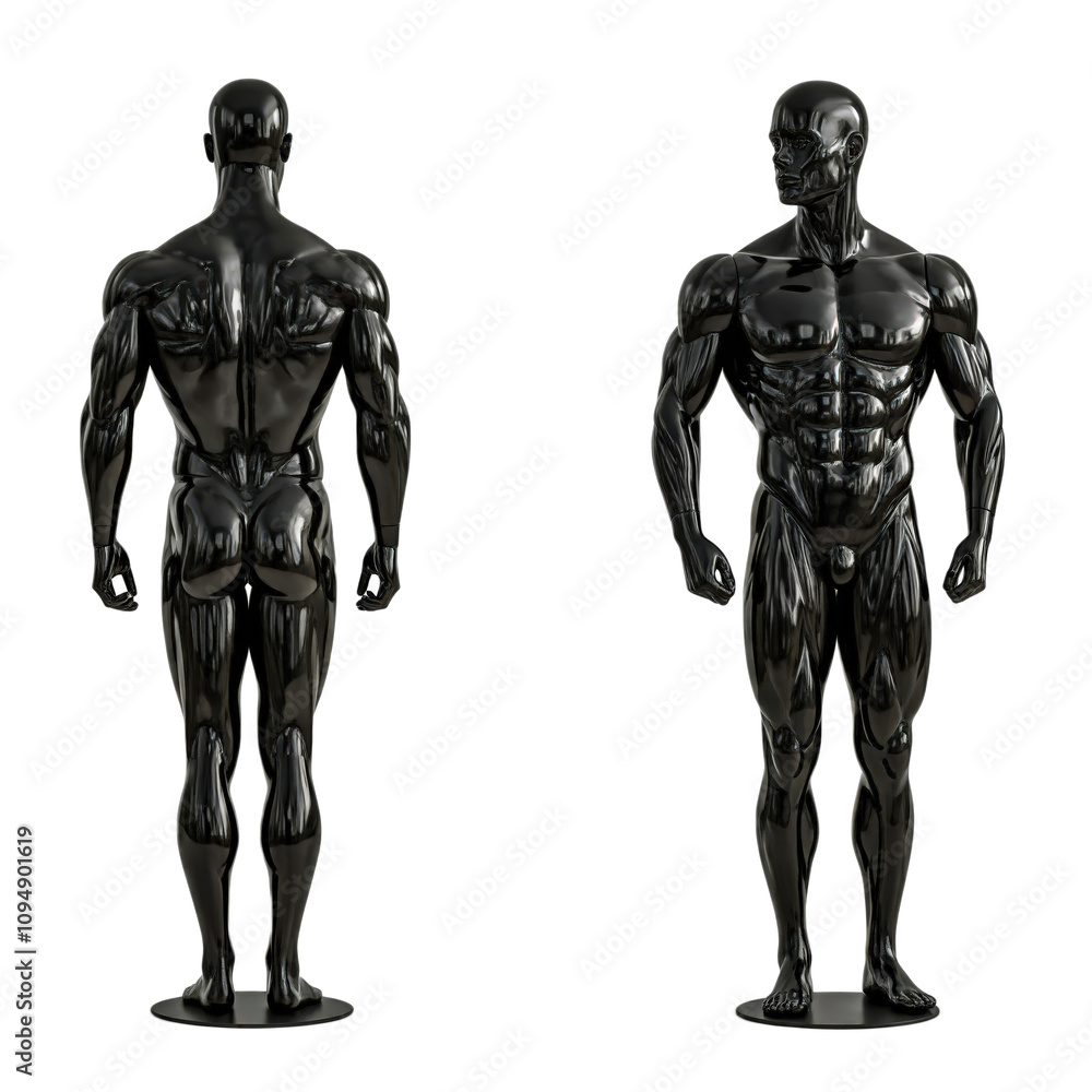 2 black full body shiny glossy muscular male man mannequin dummy ...