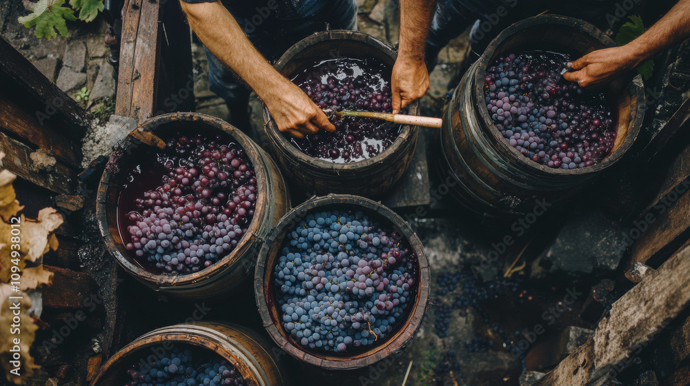 Making wine starts with fermenting grape juice. This picture shows the ...