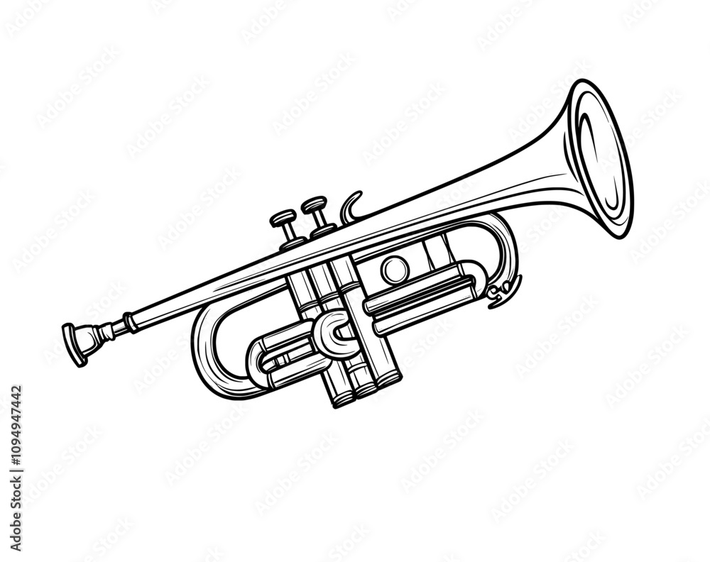 One continuous line drawing of a trumpet with a modern outline ...