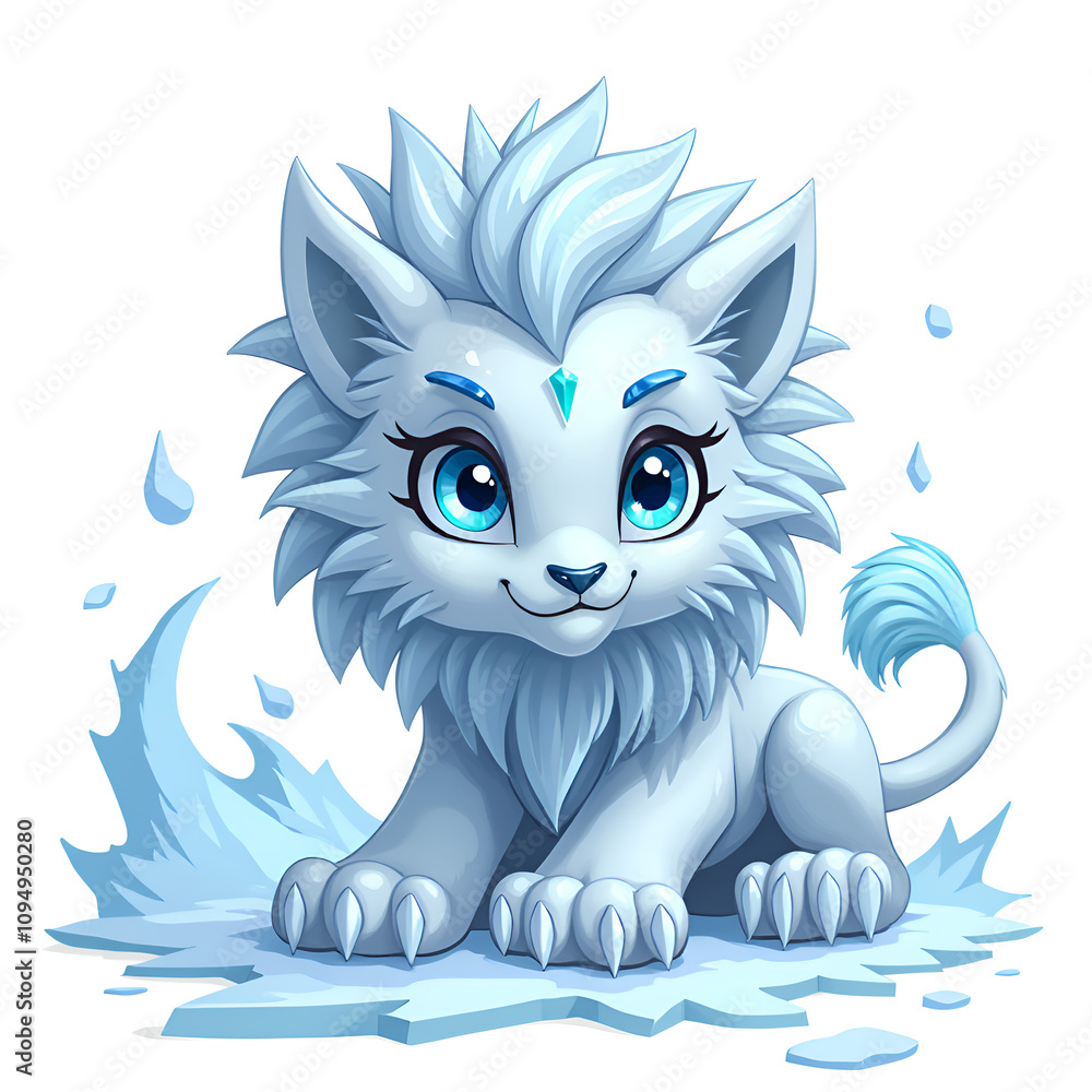 Charming cartoon ice cat with sparkling blue eyes and a playful pose on ...