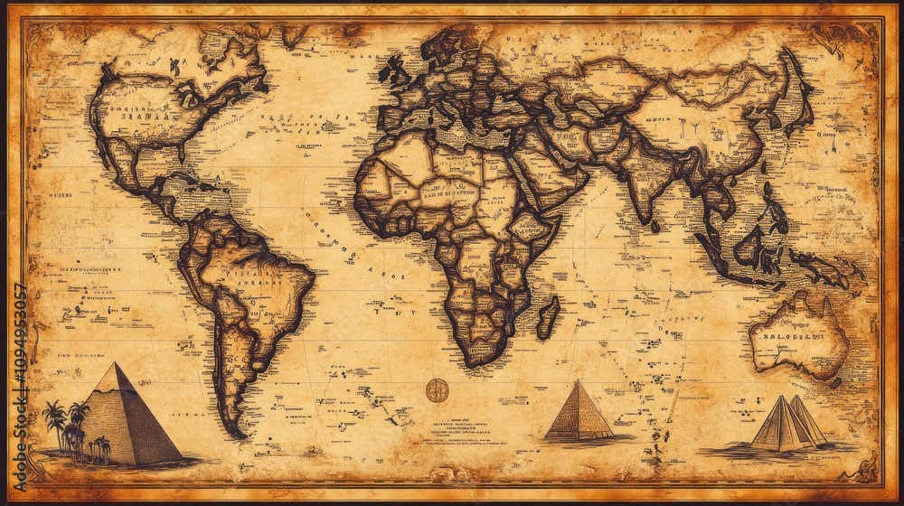 Antique World Map Showing Continents Countries And Pyramids Stock ...