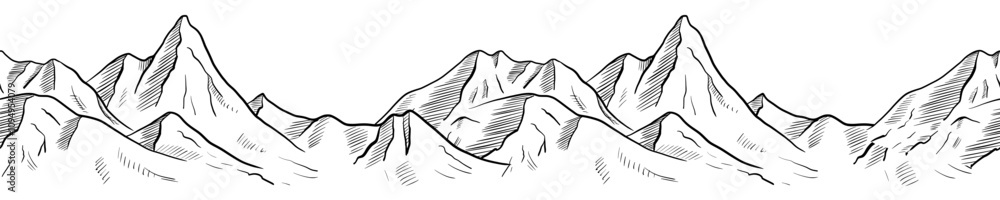 Mountain Range vector seamless Border. Linear Illustration in Black and ...