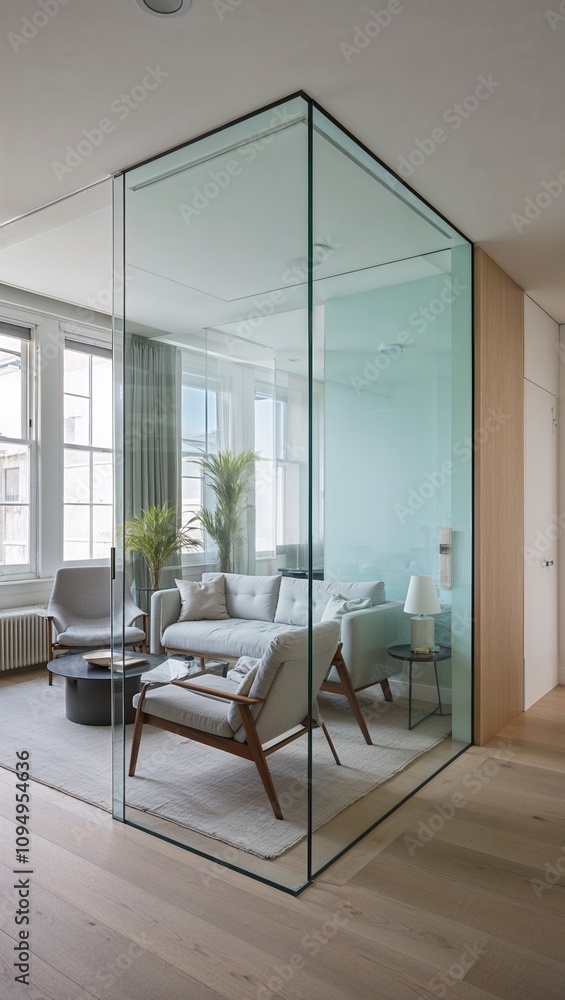 Glass partition wall between rooms keeps space light and open Stock ...