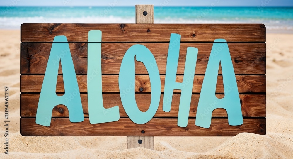 aloha lettering on wooden sign board with beach summer background Stock ...