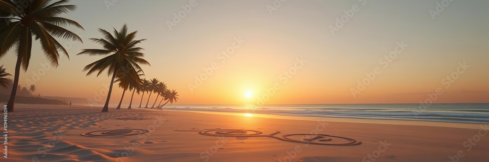 The soft glow of sunset casts a warm light on a beach with palm trees ...