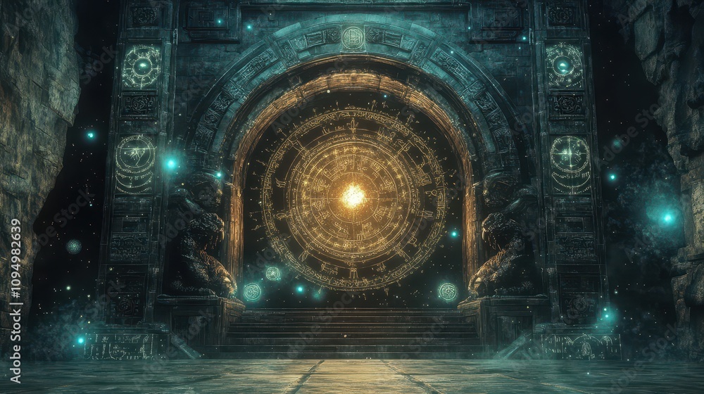 Twin Serpent Guardians Framing an Ancient Celestial Doorway: Mystical ...