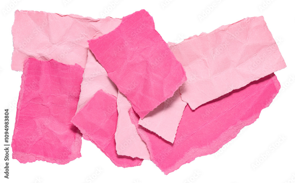 Stack of colorful pink crumpled wrinkled crushed pieces scraps, stripes ...