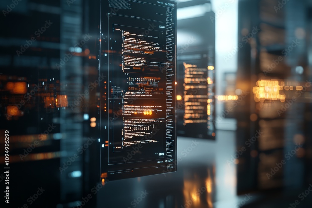 Floating panels display dynamic lines of code, symbolizing the endless possibilities and ...