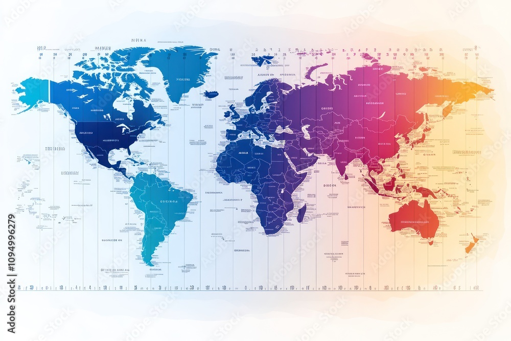 Colorful World Map Showing Time Zones And Countries Stock Illustration ...