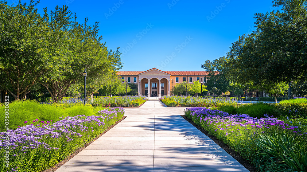 Path leading to main campus hall with flowers on sides - Clear blue sky ...