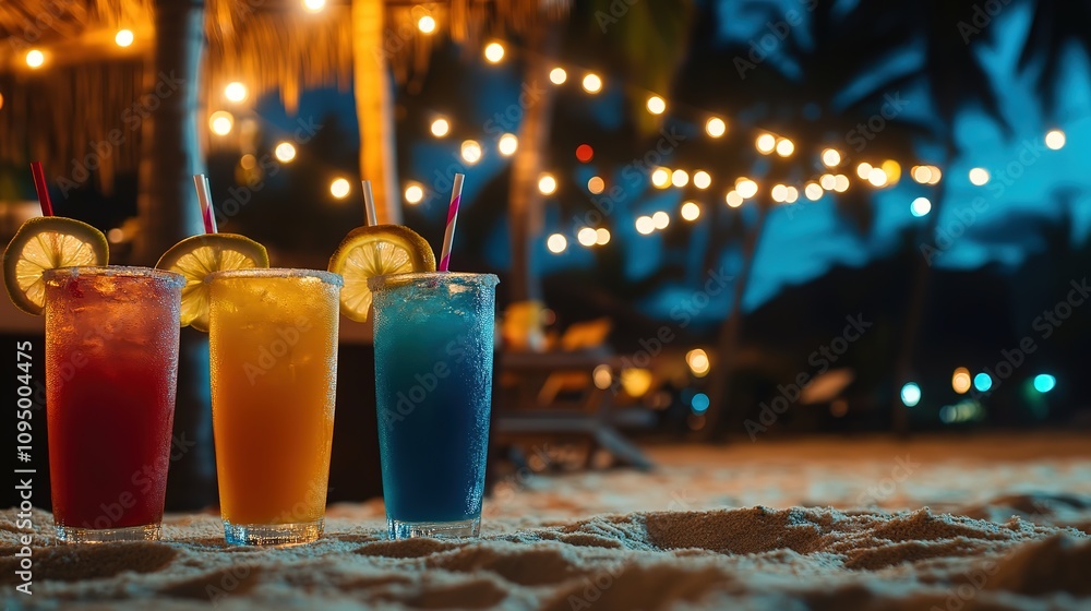 Cocktails at beach bar at tropical resort. Colorful drinks in the sand ...