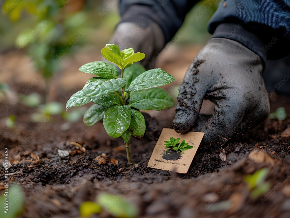 Planting a Future: Gardener's hands carefully plant a young sapling, a ...