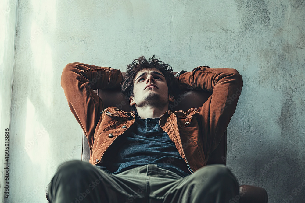 Person leaning back in their chair, staring at the ceiling with a ...