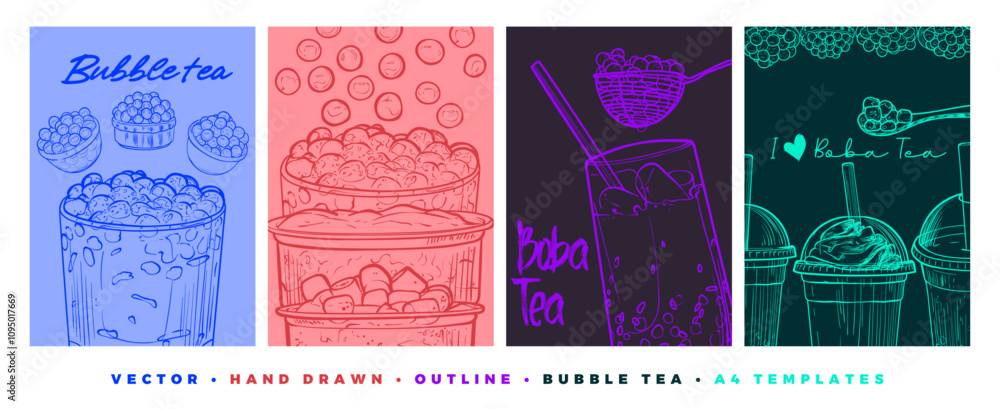 A4 templates for bubble tea designs. Hand drawn vector boba teas with ...