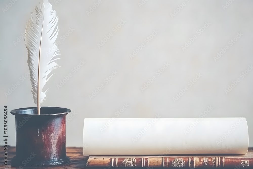 Colonial-era ink pot and quill, white background, soft historic tones ...