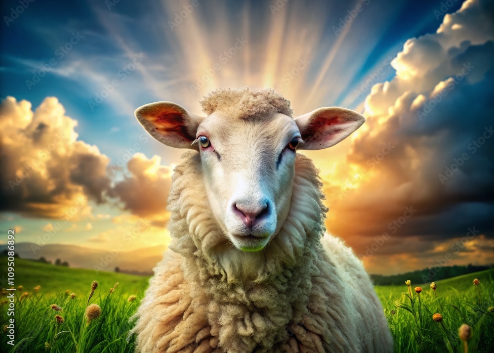 Serene Pastoral Landscape Featuring a Majestic Sheep Grazing in Lush ...