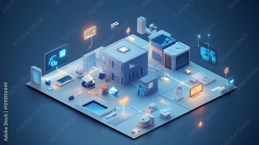 A professional presenting IoT-enabled productivity tools with 3D glowing workflow paths and 2D ...