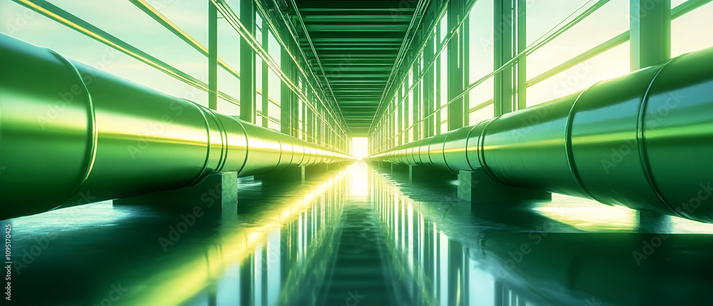 Industrial green oil pipeline at a gas storage facility under daylight ...