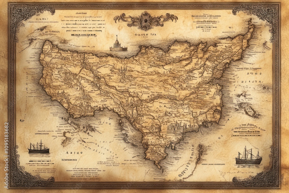 Ancient Map Depicting Coastal Region With Ships and Cities Stock Photo ...