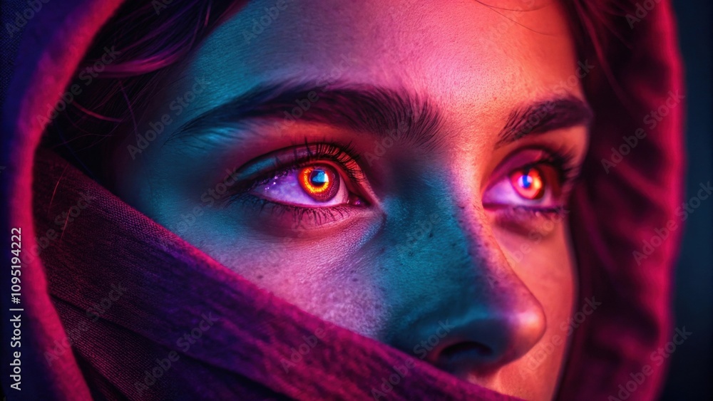 In this dramatic portrait the subjects bright eyes reflect a mix of ...