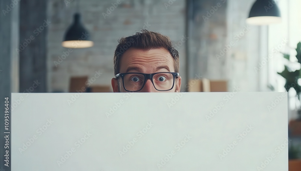 Employee hiding behind blank whiteboard, ready for text overlay, funny ...