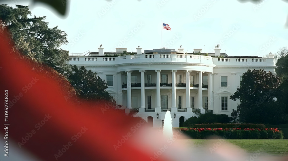 Image of the White House Set Against a Clear Sky with an American Flag ...