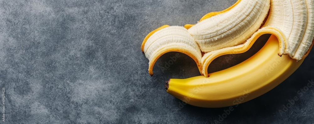 Partially peeled banana with the textured peel curling down, revealing ...