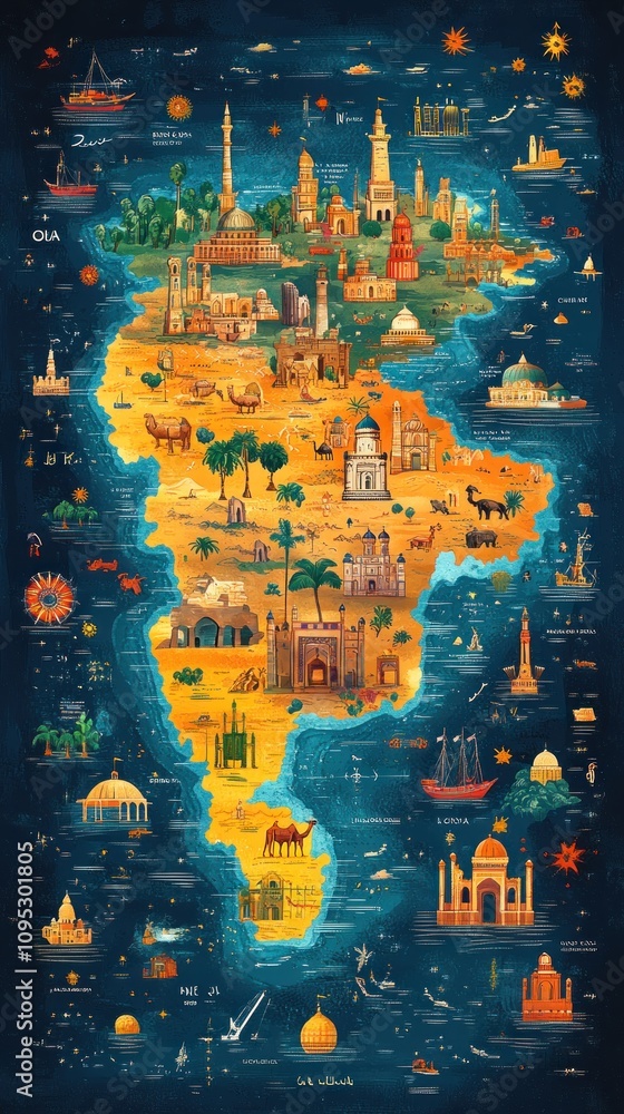 Illustrative Map Depicting Famous Landmarks Of India Stock Illustration ...