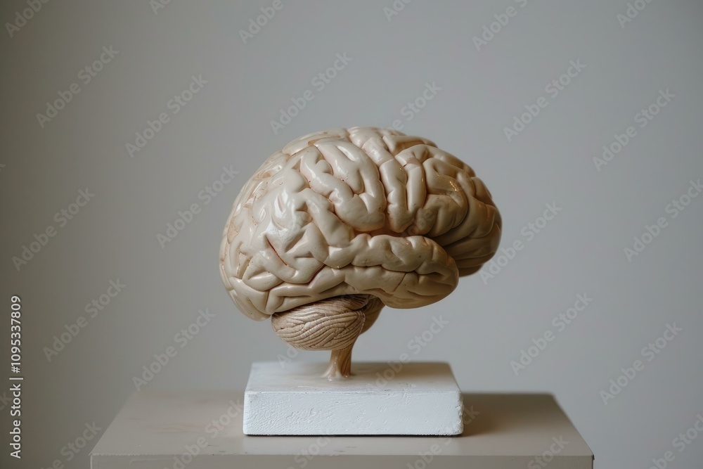 Anatomical model of human brain resting on white pedestal against ...